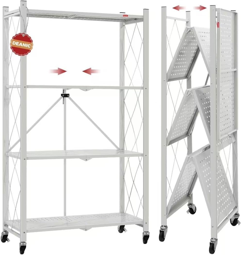 4 Tier Foldable Storage Shelves with Wheels, Large Capacity Shelving ...