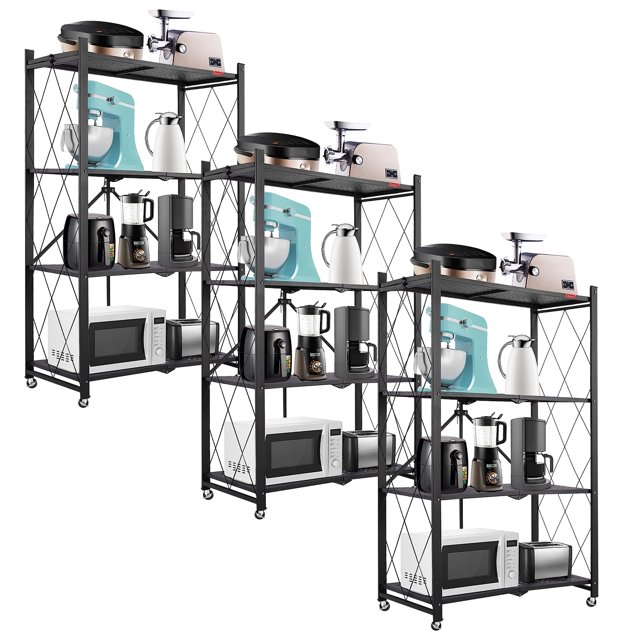 4-Tier Foldable Storage Shelving Units, Foldable Shelf with Wheels ...