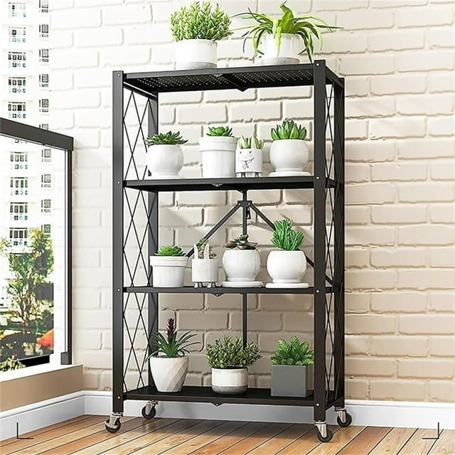 4-Tier Foldable Metal Storage Shelving with Wheels, Adjustable ...