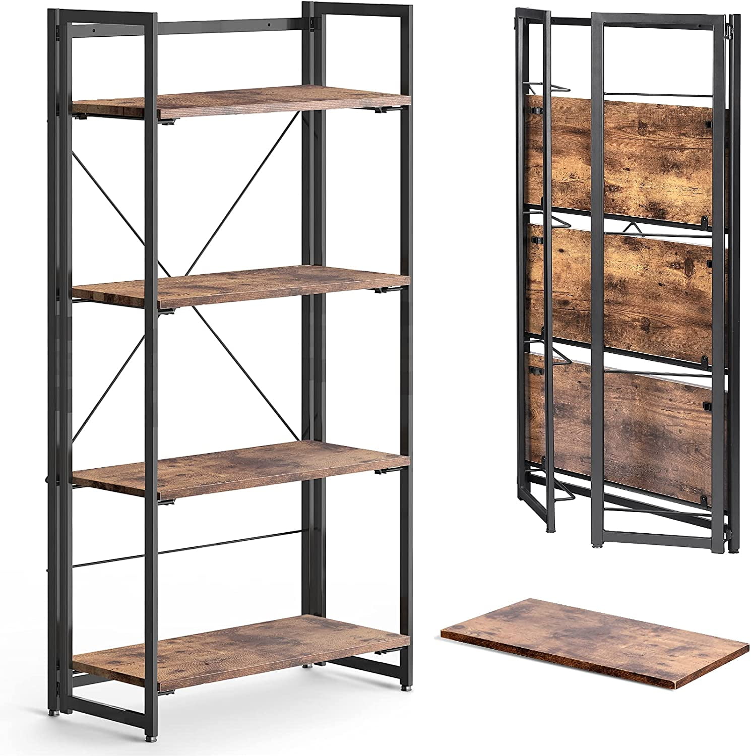 4 Tier Folding Bookcase Decor Standing Multifunctional Book Shelves ...