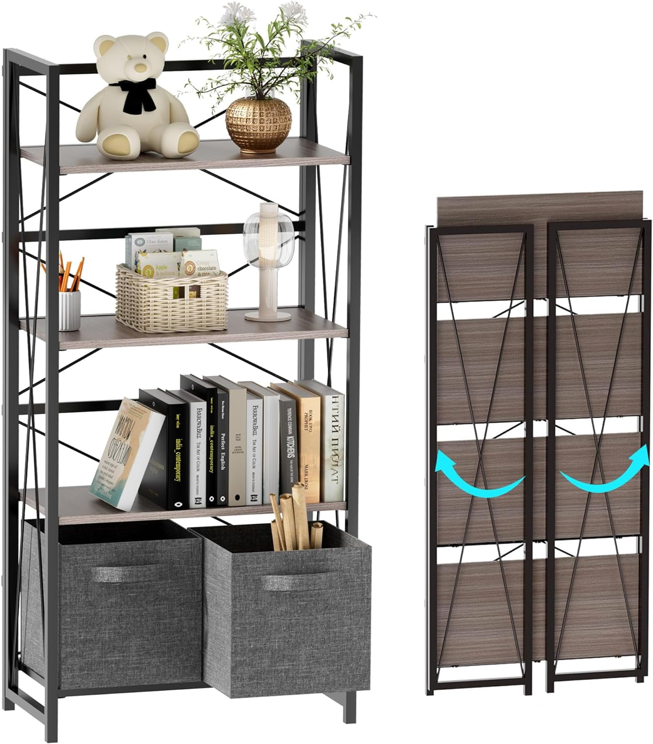 4 Tier Folding Bookshelf with Collapsible Drawers - Small Foldable Book ...