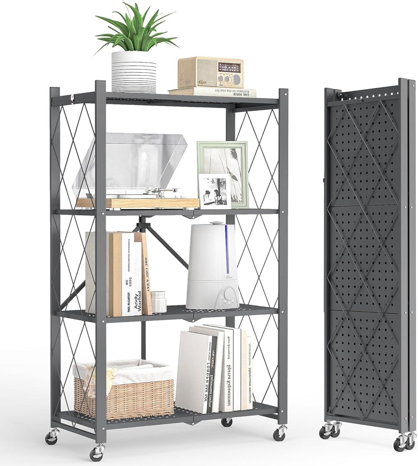 4-Tier Folding Metal Storage Rack - 50" Heavy-Duty Steel Frame with ...
