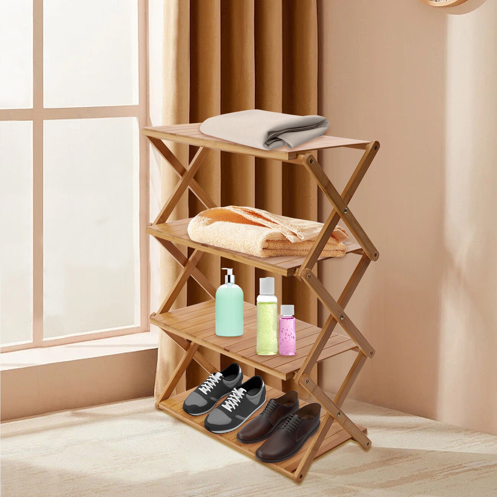 4-Tier Folding Shelf Storage Organizer Standing Shoes Tower Rack Indoor ...