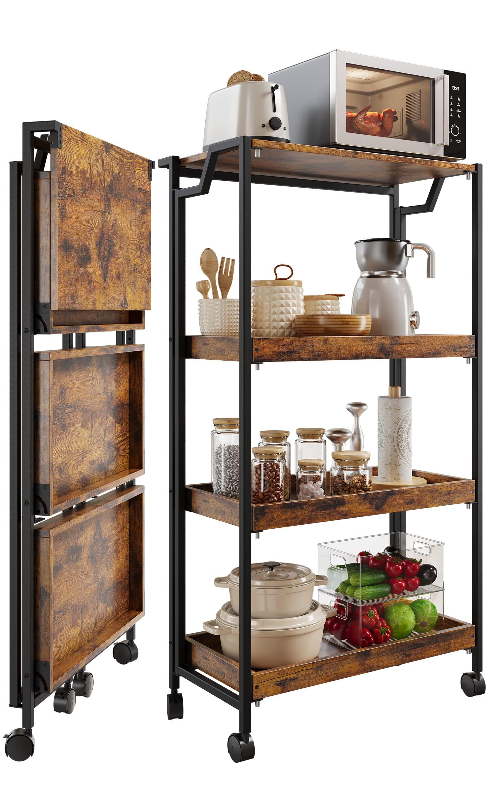 4-Tier Folding Storage Cart - Wooden Shelving Unit with Locking Wheels ...