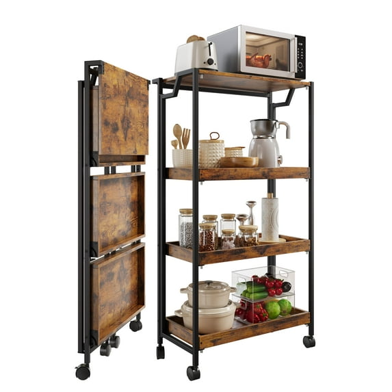 4-Tier Folding Storage Cart - Wooden Shelving Unit with Locking Wheels ...