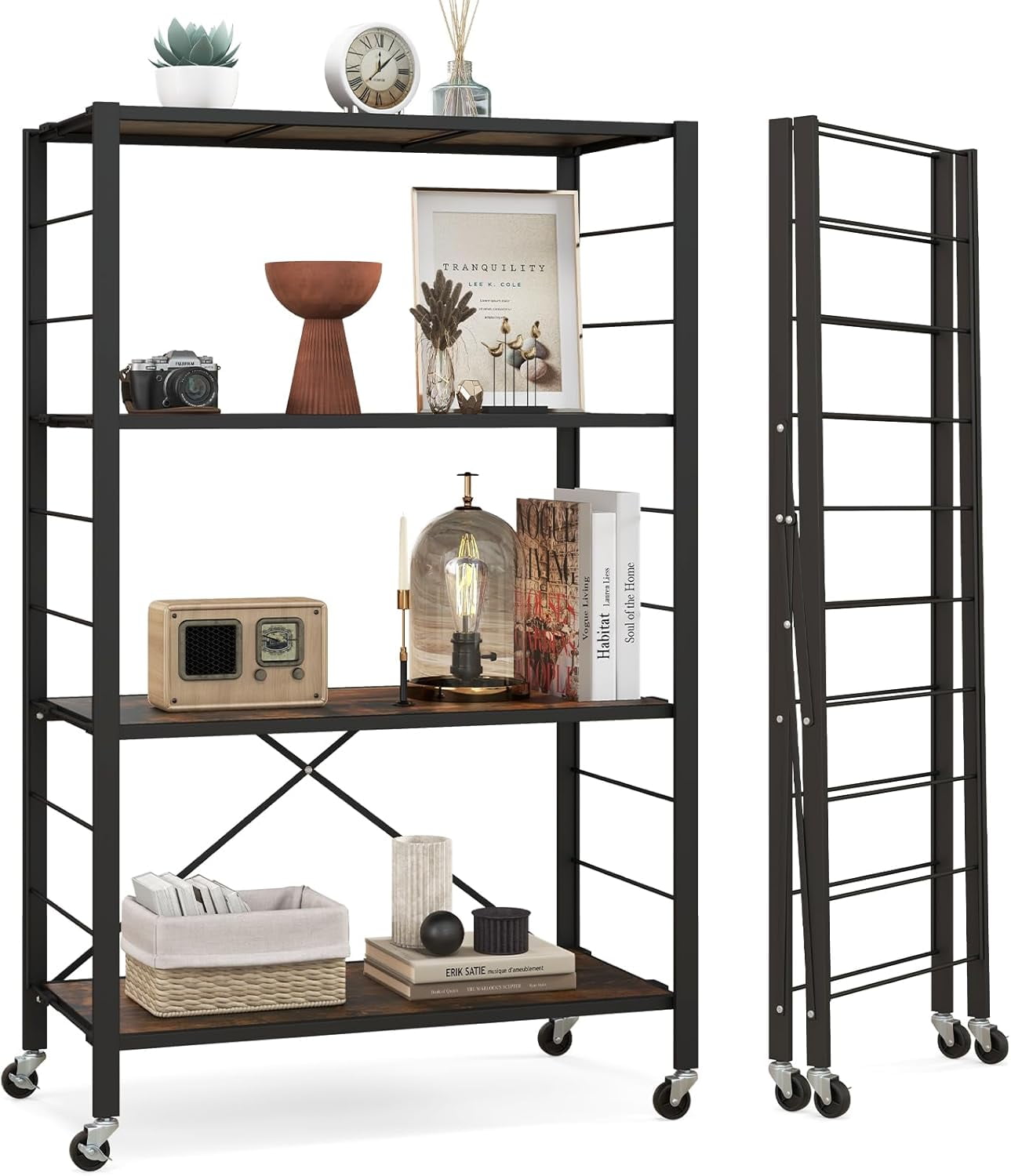 4-Tier Folding Storage Shelf, Collapsible Shelving Unit w/Lockable ...
