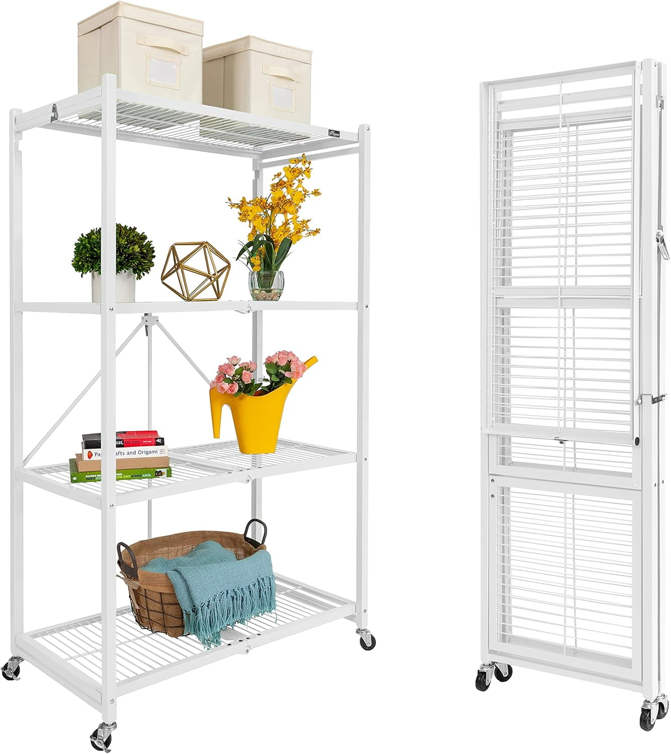 4-Tier Folding Storage Shelves, Heavy Duty Shelf Rack Unit with Wheels ...