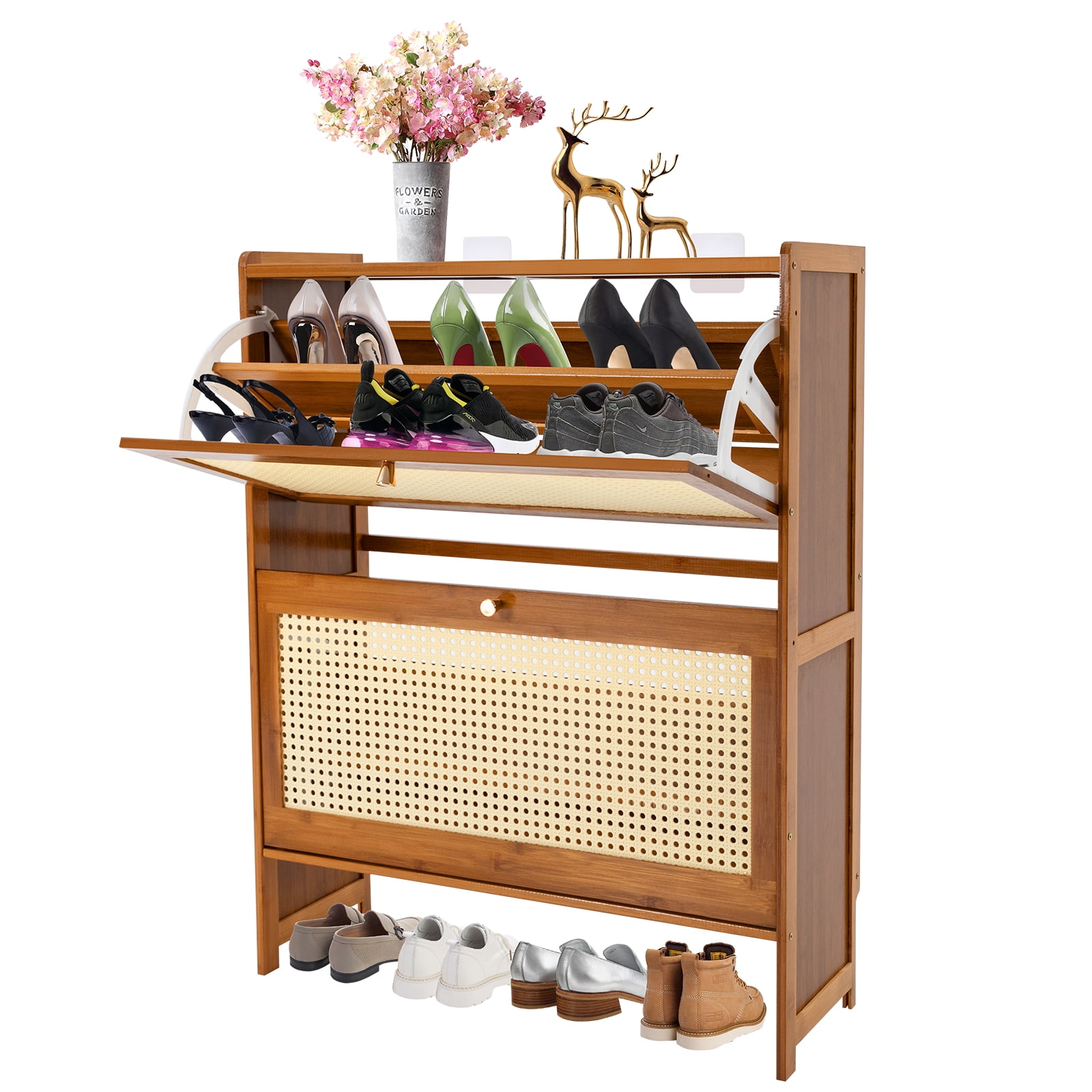 4-Tier Free Standing Rattan Shoe Rack with Flip Doors, Raised Baffle ...