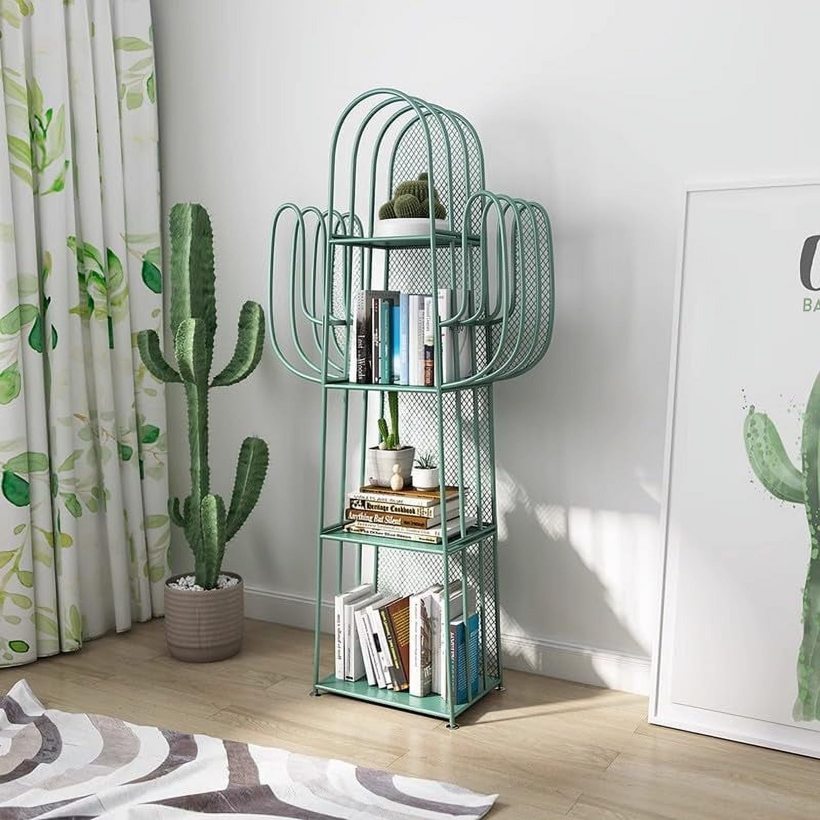4-Tier Freestanding Ladder Bookshelf, Iron Cactus Bookcase Storage ...