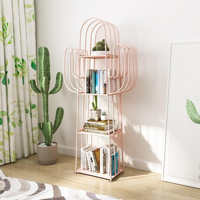 4-Tier Freestanding Ladder Bookshelf, Iron Cactus Bookcase Storage ...