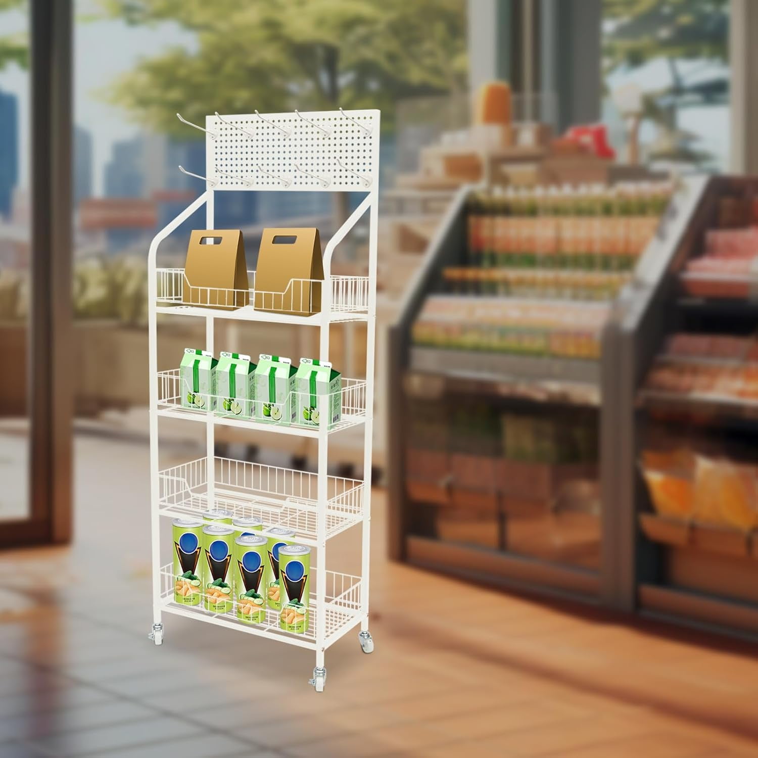 4 Tier Freestanding Snack Display Organizer with Wheels Rolling Utility ...