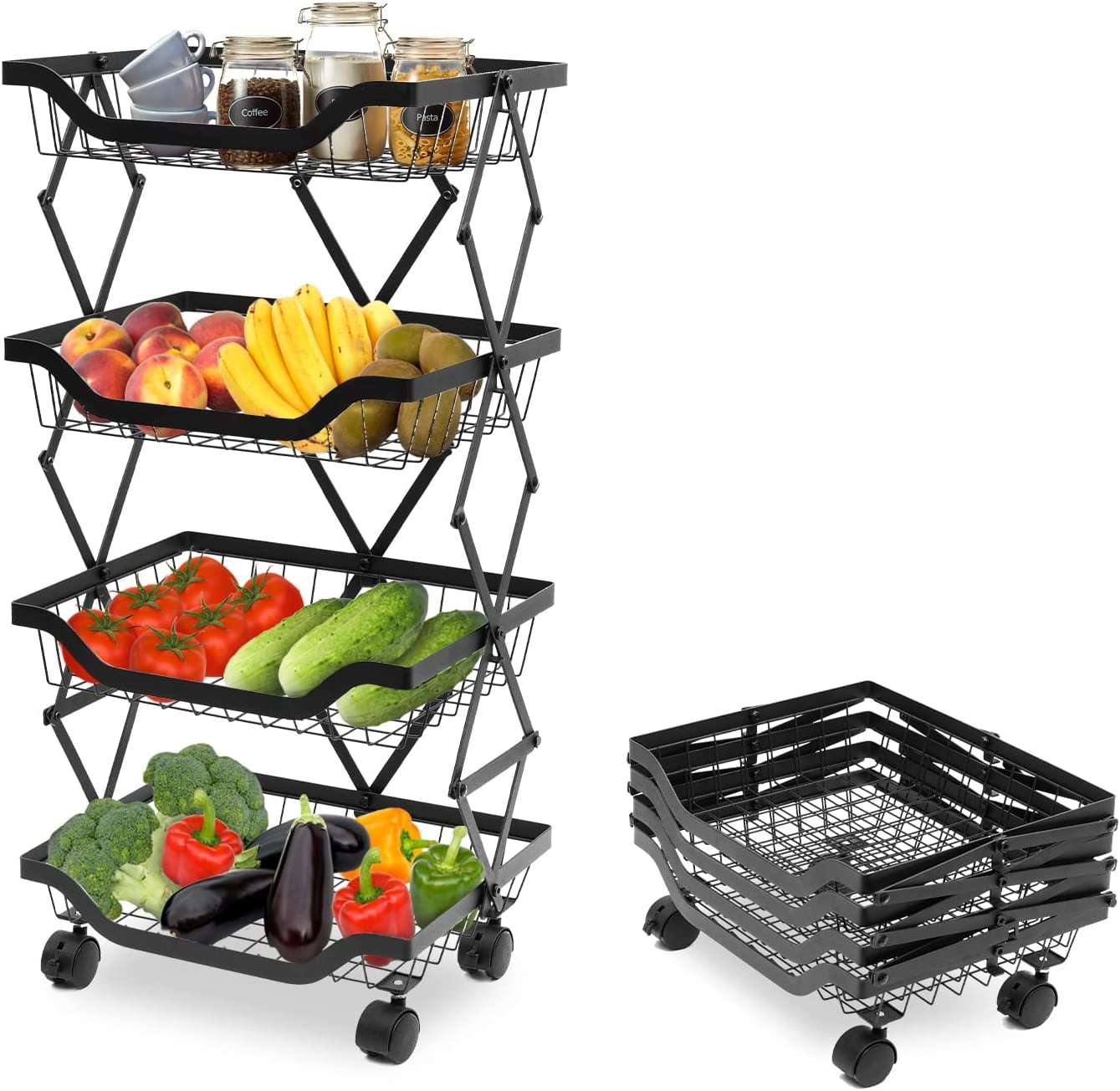 4 Tier Fruit Basket for Kitchen, Collapsible Metal Wire Storage Pantry ...