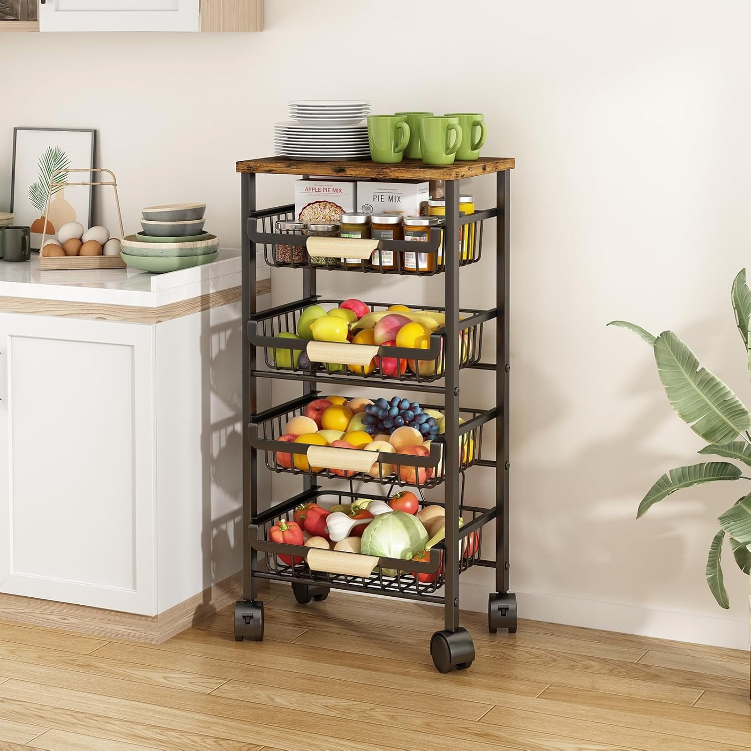 4 Tier Fruit Basket for Kitchen, Vegetable Storage Cart with Wooden ...