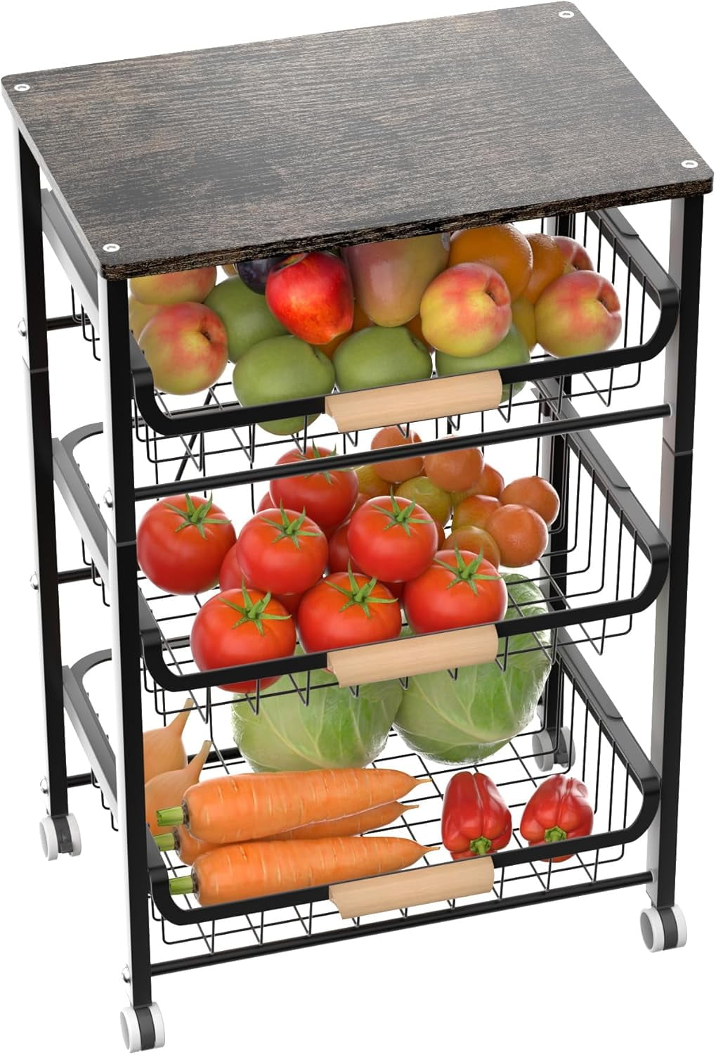 4-Tier Fruit Basket, Pull-Out Kitchen Storage Cart with Wooden Tabletop ...