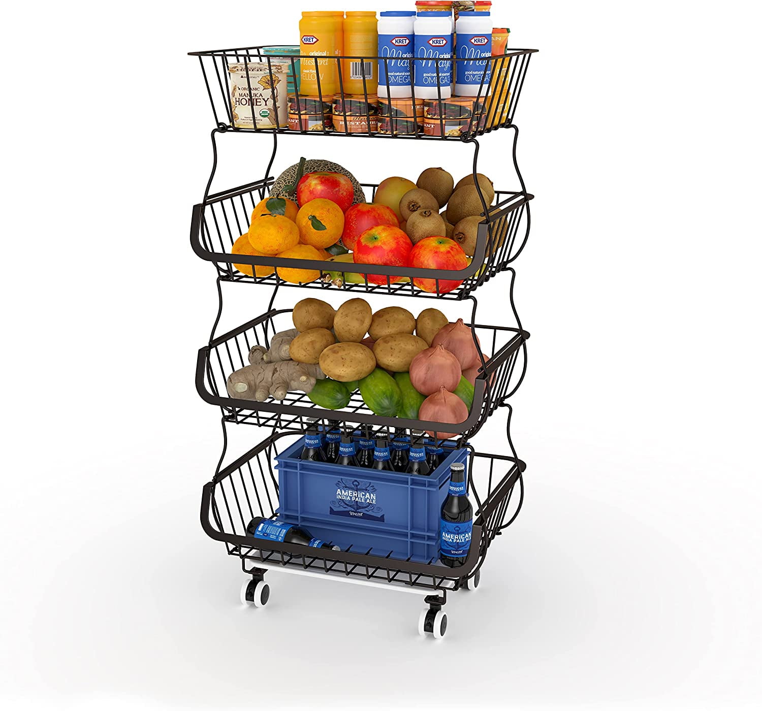 4 Tier Fruit Basket Stand, Fruit and Vegetable Storage Cart, Wire ...