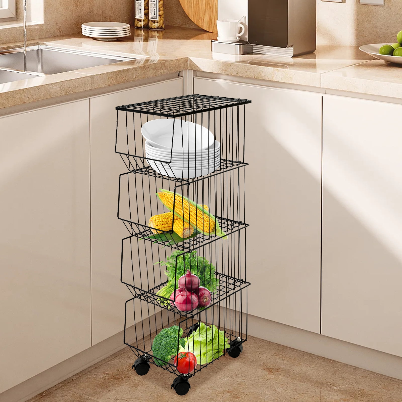 4 Tier Fruit Metal Basket Fruit Vegetable Basket Stand Carbon Steel ...