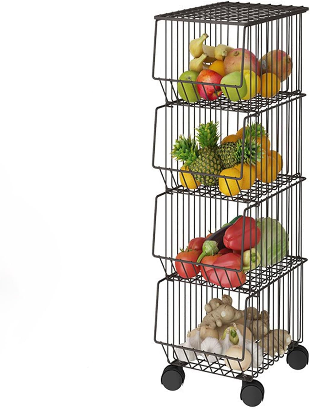 4-Tier Fruit Storage Basket with Wheel,Fruit and Vegetable Storage Cart ...