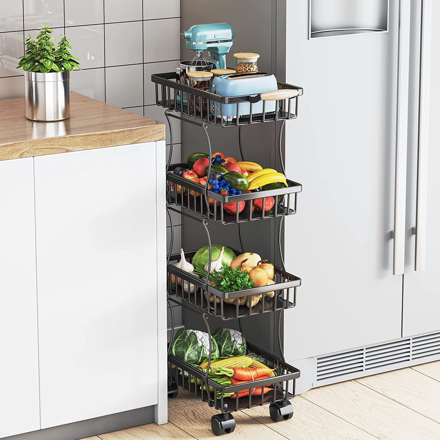 4 Tier Fruit Vegetable Basket for Kitchen, Storage Cart, Vegetable ...