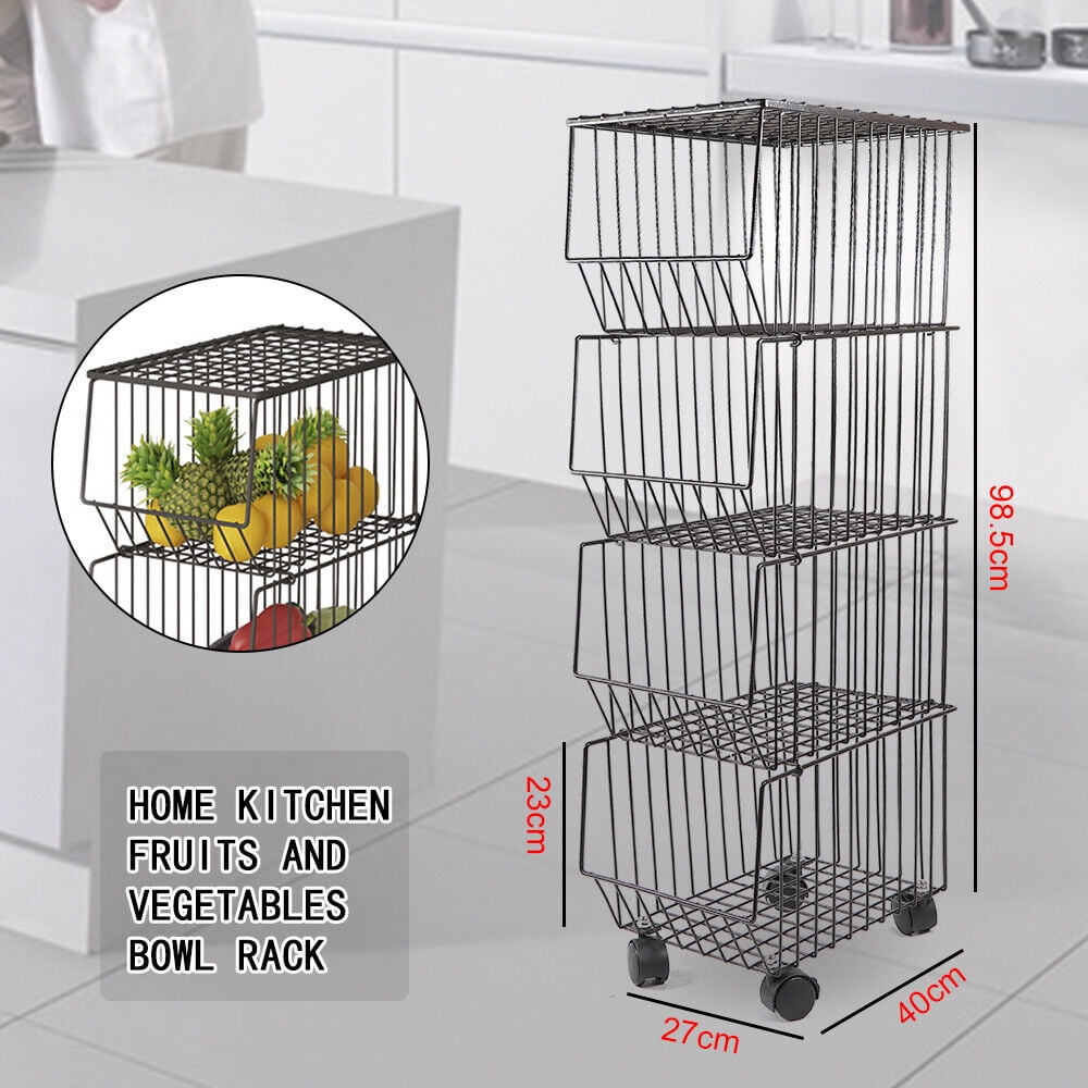 4 Tier Fruit Vegetable Storage Stackable Rolling Fruit Basket Utility ...