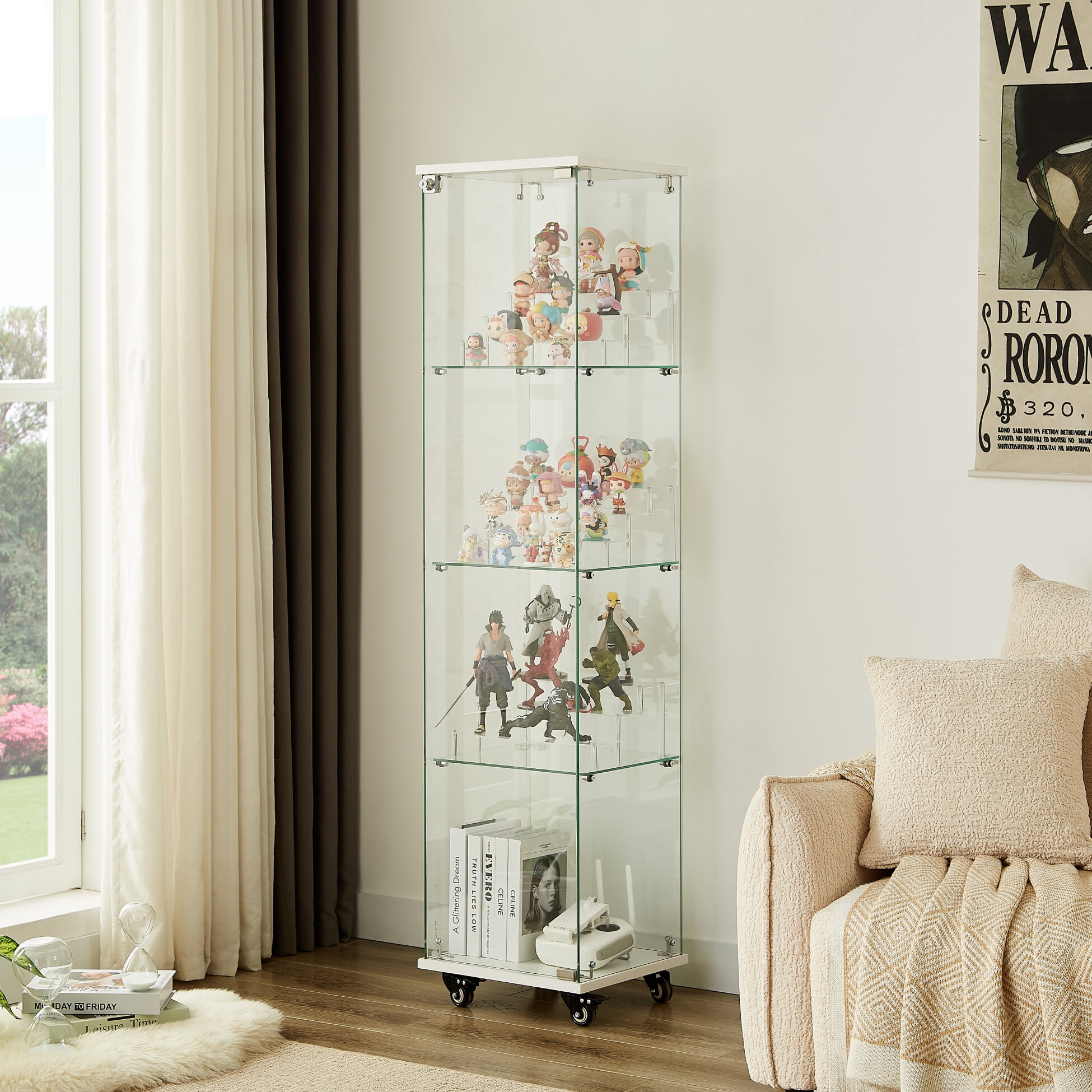 4-Tier Glass Display Cabinet, Curio Storage Cabinet on Wheels with Two ...
