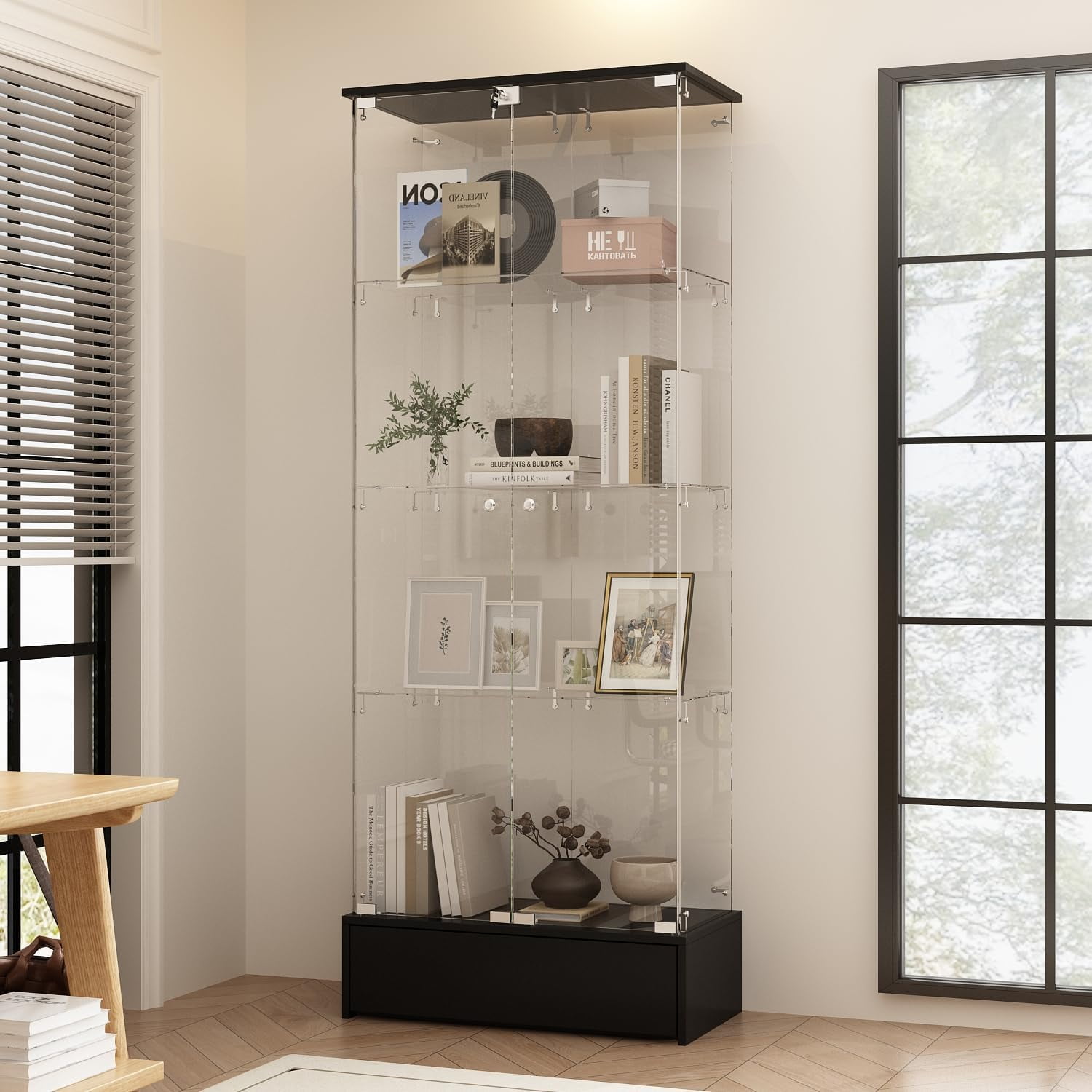 4-Tier Glass Display Cabinet with Doors Drawer & Lock Curio Cabinets ...