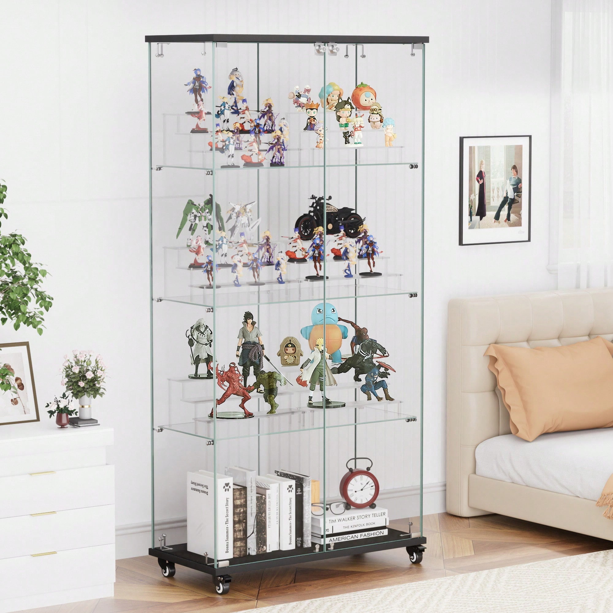 4 Tier Glass Display Cabinet, Double Door Glass Cabinet With Two Locks ...