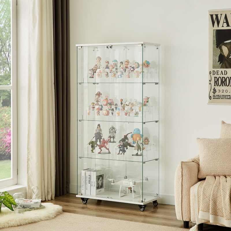 4 Tier Glass Display Cabinet, Double Door Glass Cabinet with Two Locks ...