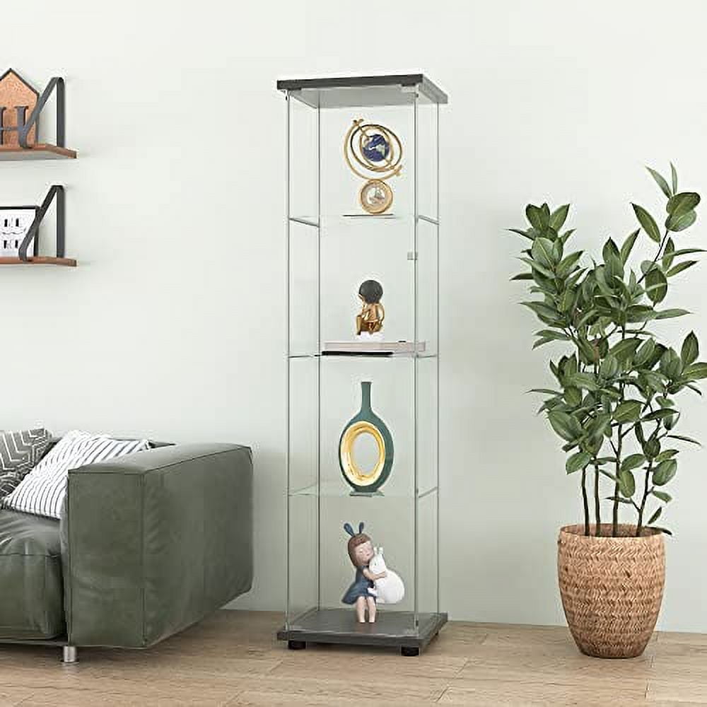 4-Tier Glass Display Cabinet with Glass Door, 5mm Tempered Glass Curio ...