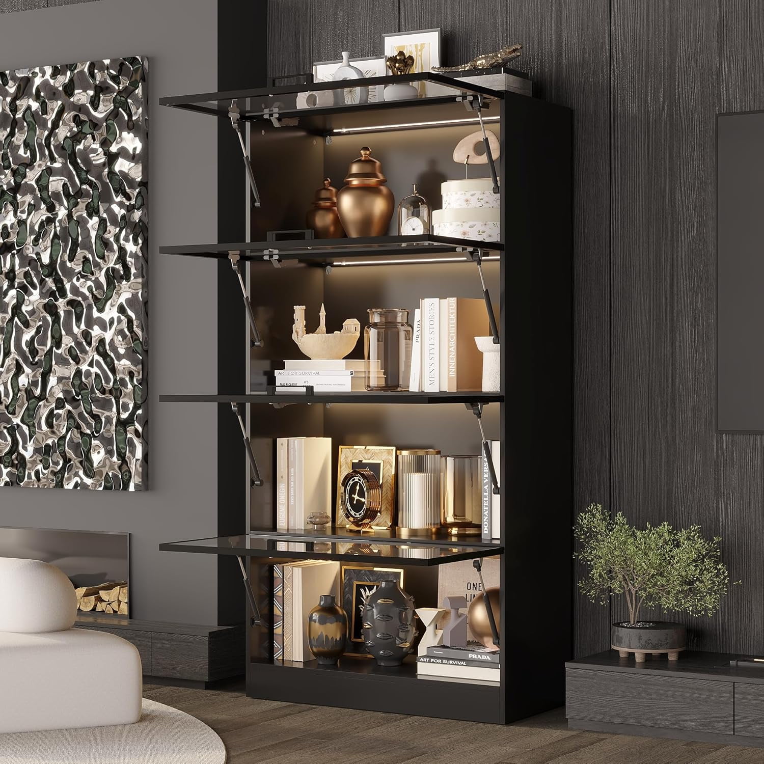 4 Tier Glass Display Cabinet with Light Storage Curio Cabinet with Flip ...