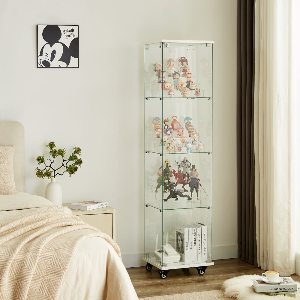 4 Tier Glass Display Cabinet, Single Door Glass Cabinet with Lock and ...