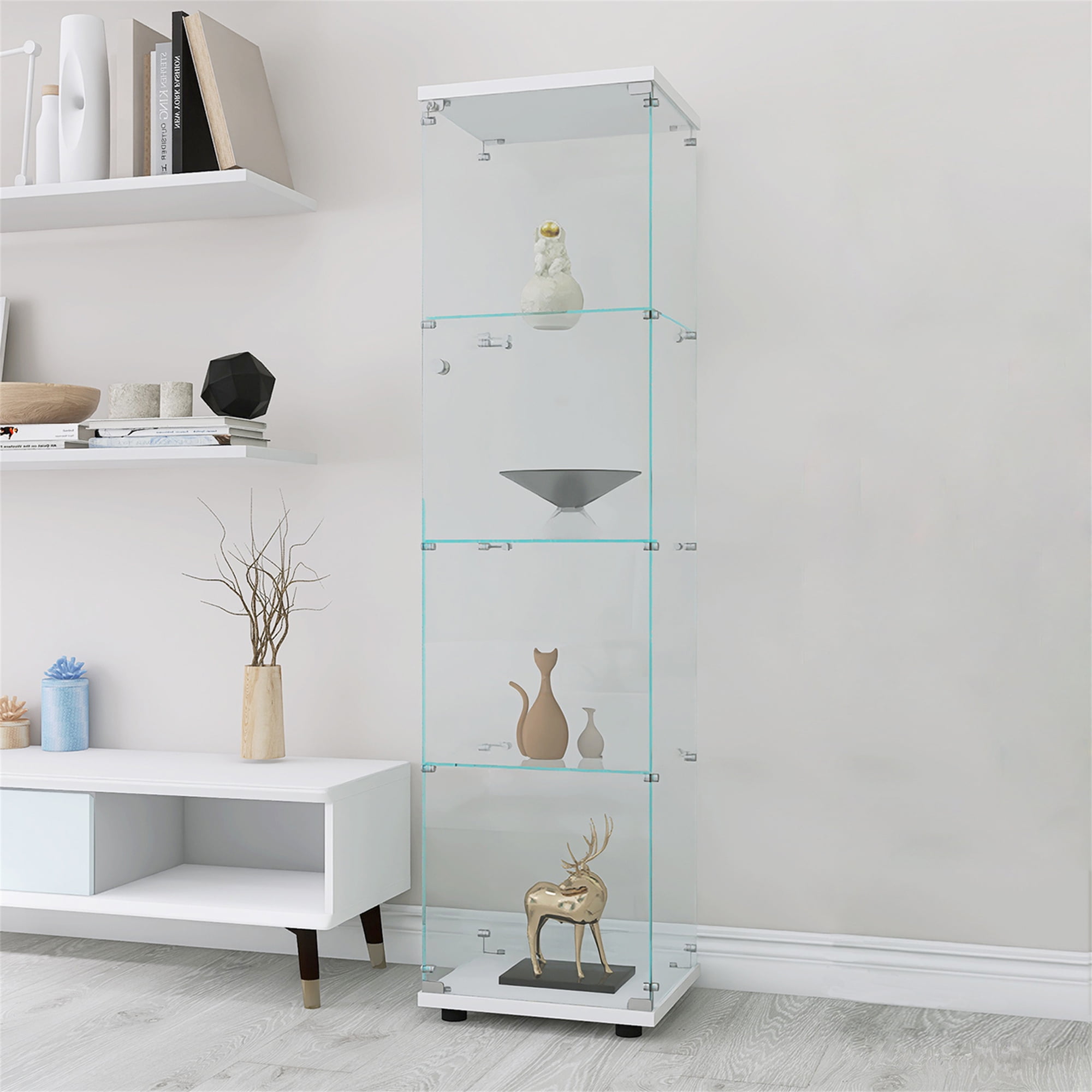 4 Tier Glass Display Cabinet with Locking Door, Modern White Cabinet ...