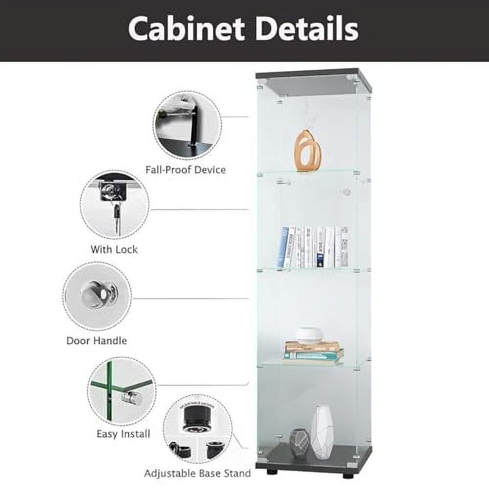 4-Tier Glass Display Cabinet with Metal Lock, Tempered Glass Curio ...