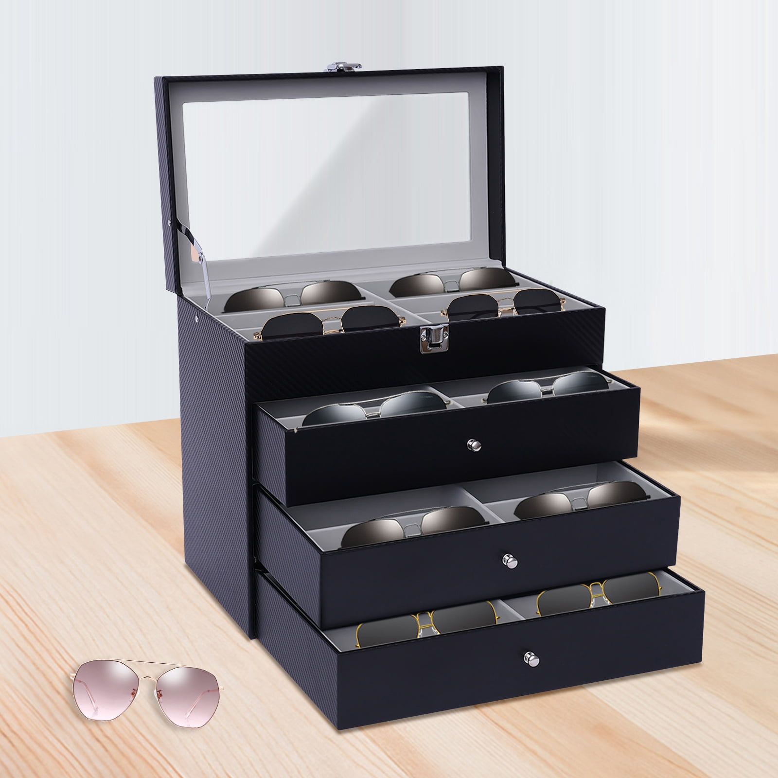 4-Tier Glasses Display Case Black PU with Glass Lid, Pull-Out Drawers ...