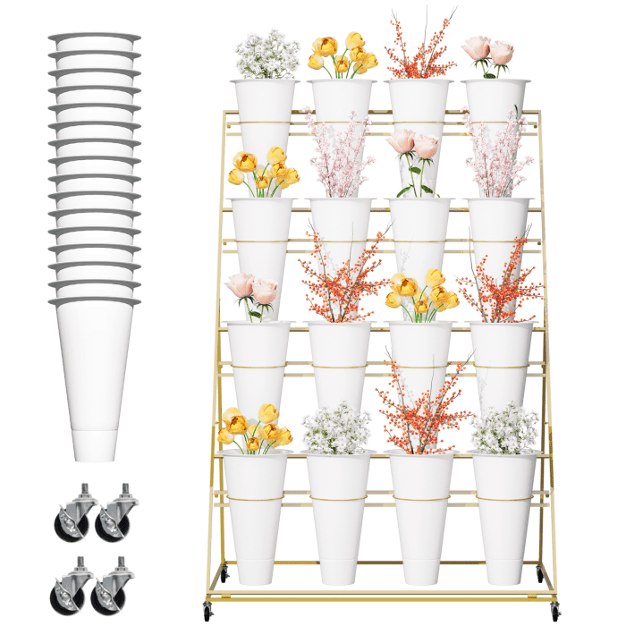 4-Tier Gold Metal Flower Stand, 16 White Buckets, Heavy Duty Plant ...