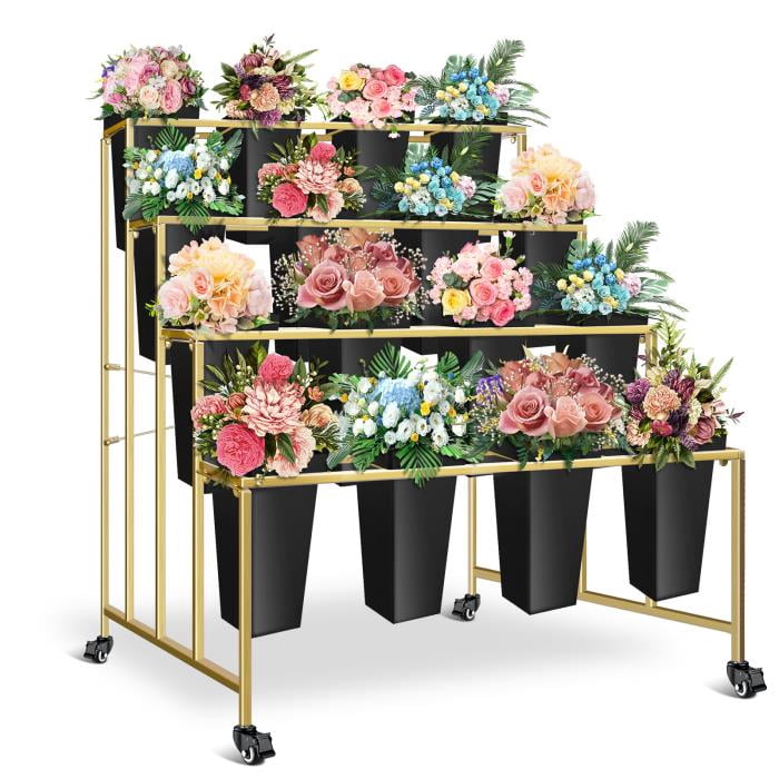 4-Tier Gold Metal Garden Flower Stand with Black Square Planters, Heavy ...