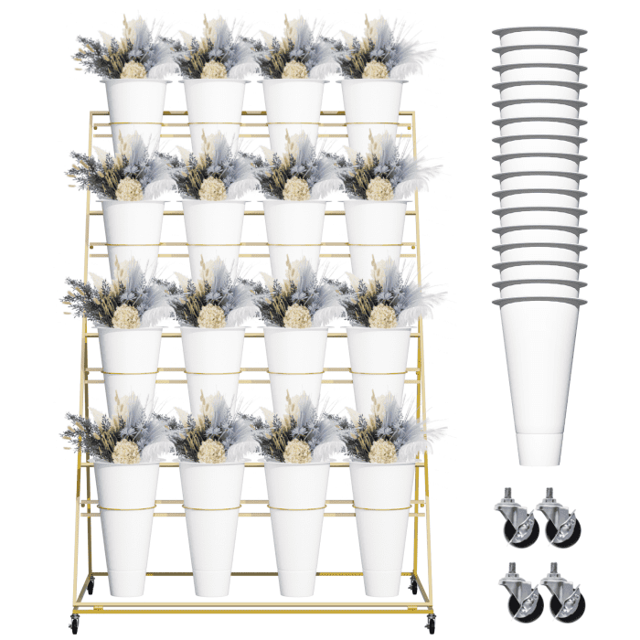 4-Tier Gold Metal Vertical Plant Rack, 16 White Round Buckets Flower ...