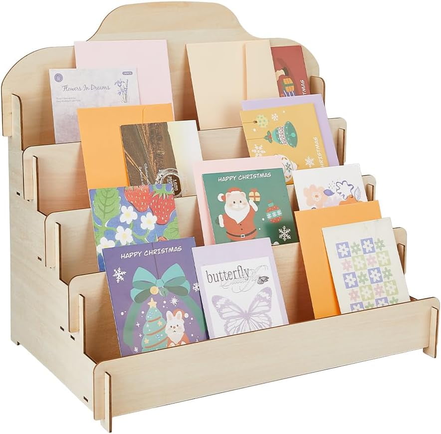 4-Tier Greeting Card Display Stand Wood Sticker Rack Portable Birthday ...