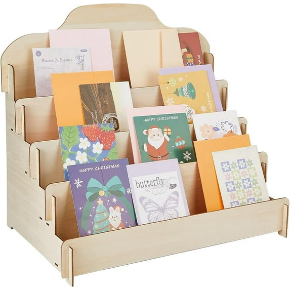 4-Tier Greeting Card Display Stand Wood Sticker Rack Portable Birthday ...