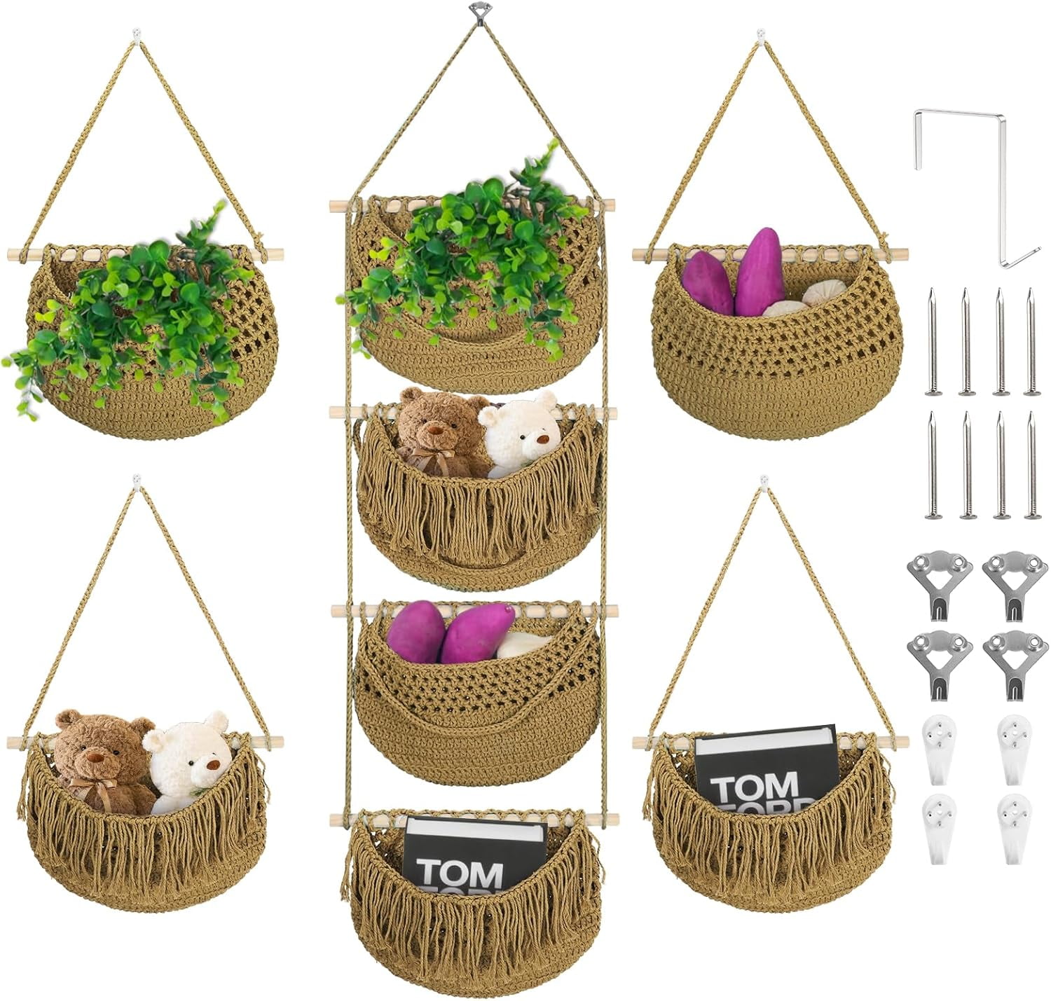 4 Tier Hanging Fruit Basket for Kitchen, 4 Pack Detachable Cotton ...