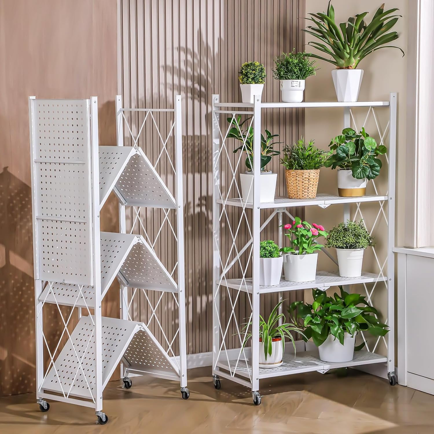 4-Tier Heavy Duty Foldable Metal Rack Storage Shelving Unit with Wheels ...