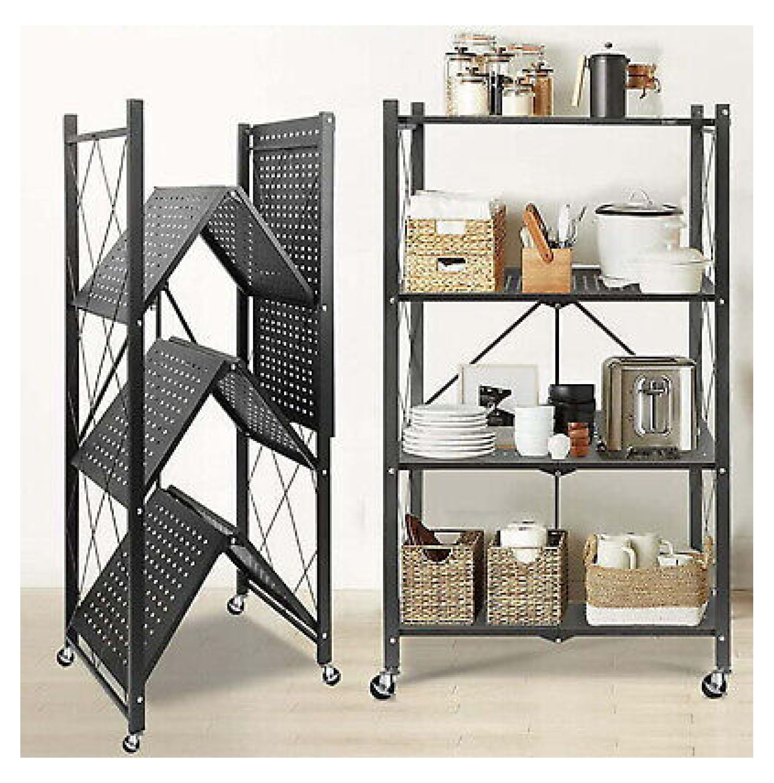 4 Tier Heavy Duty Foldable Metal Rack Storage Shelving Unit With Wheel ...