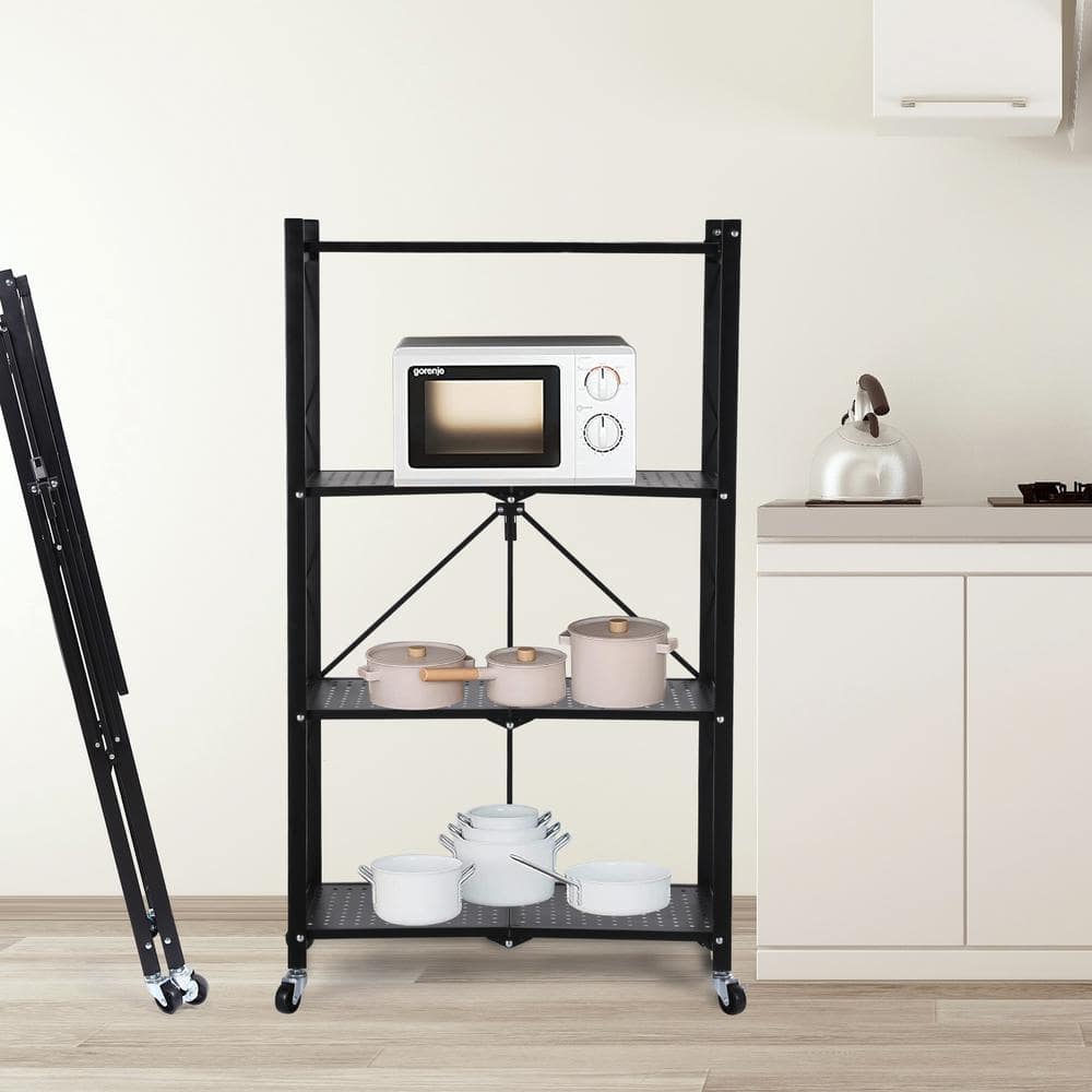 4-Tier Heavy Duty Foldable Metal Rack Storage Shelving Unit with Wheels ...