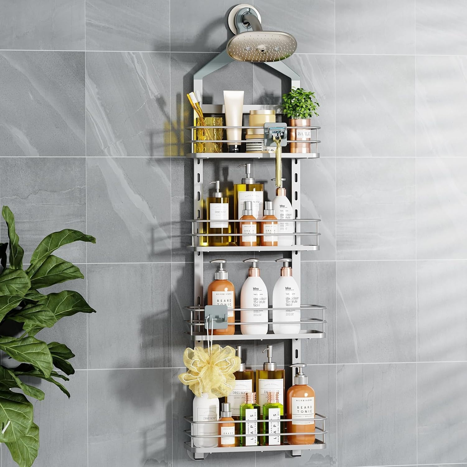 4 Tier Height-Adjustable Shower Caddy Hanging Anti-Swing-Over The ...