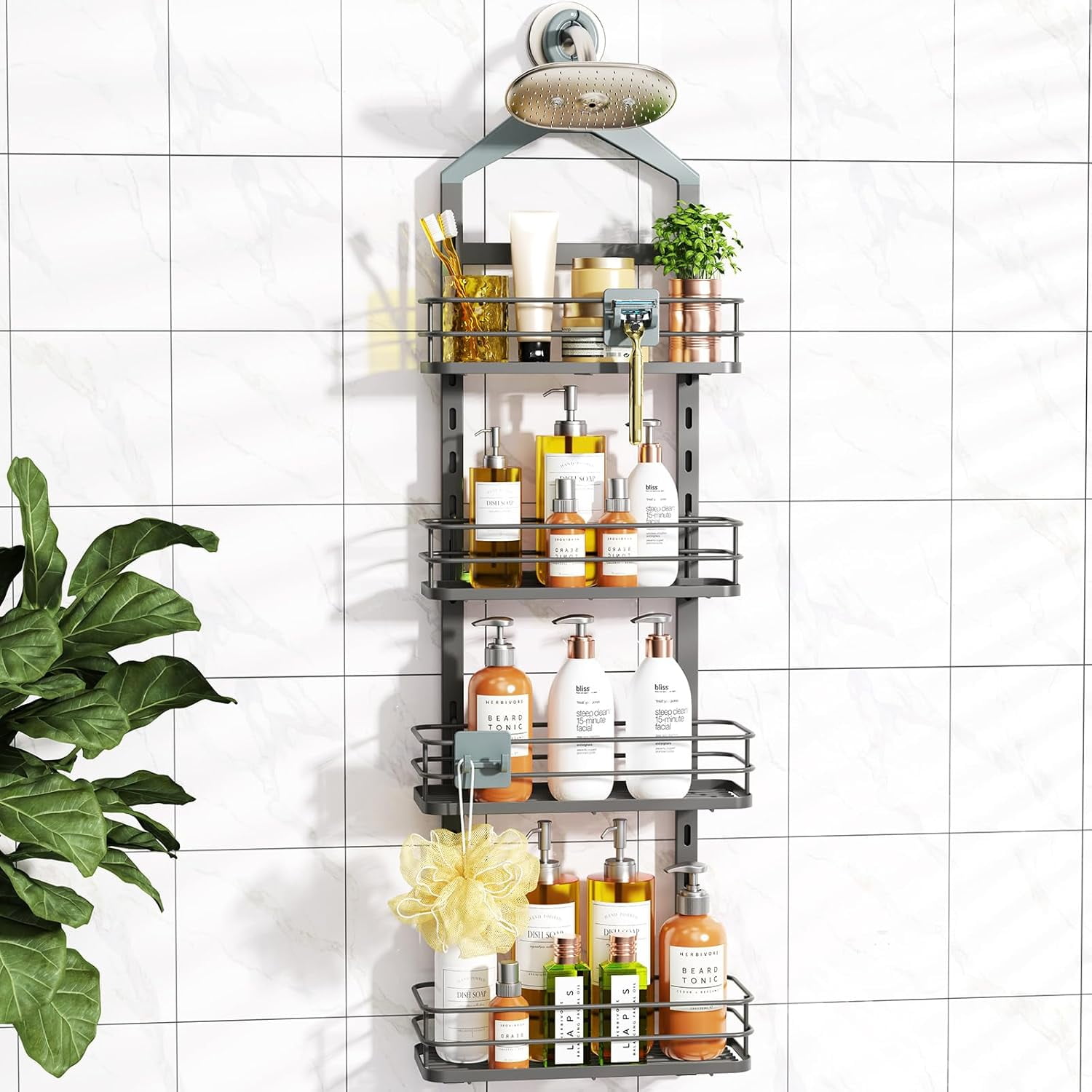 4 Tier Height-Adjustable Shower Caddy Hanging Anti-Swing-Over The ...
