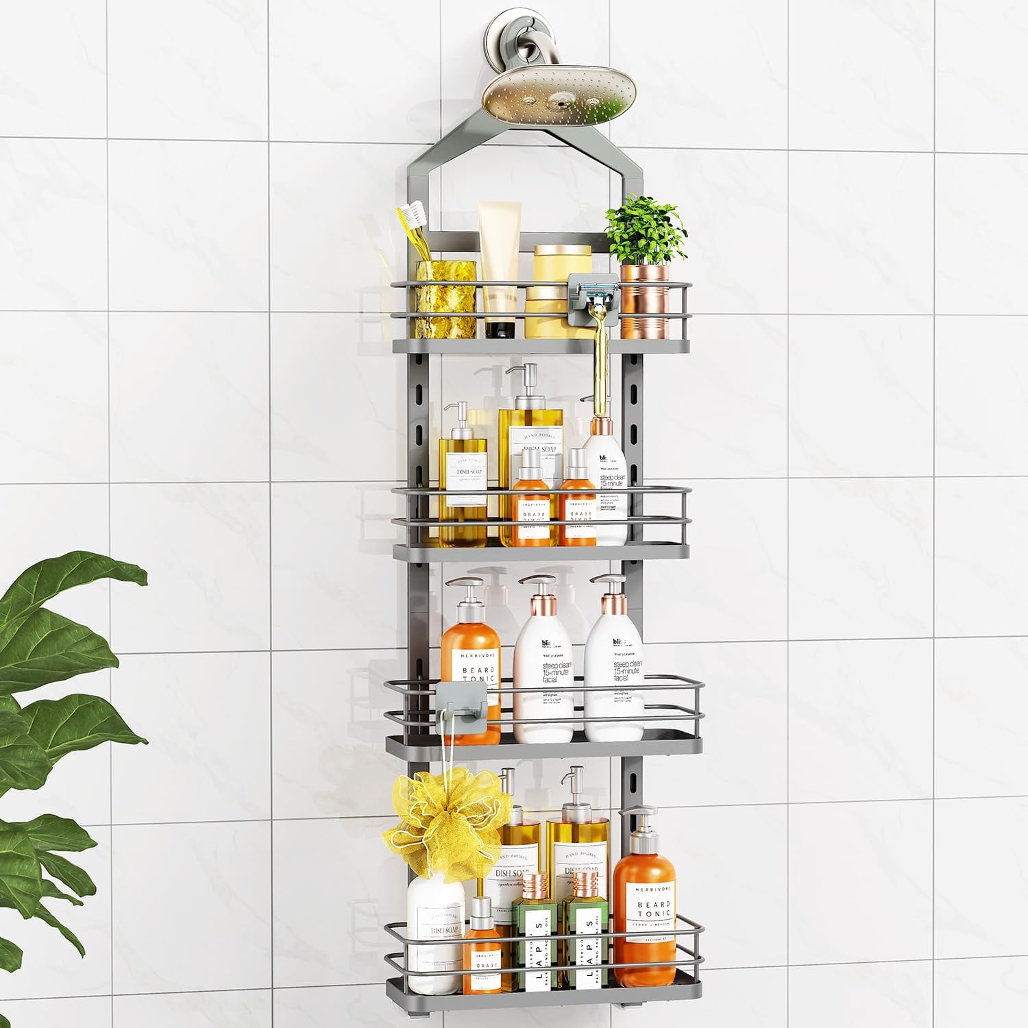 4 Tier Height-Adjustable Shower Caddy Hanging Anti-Swing-Over The ...