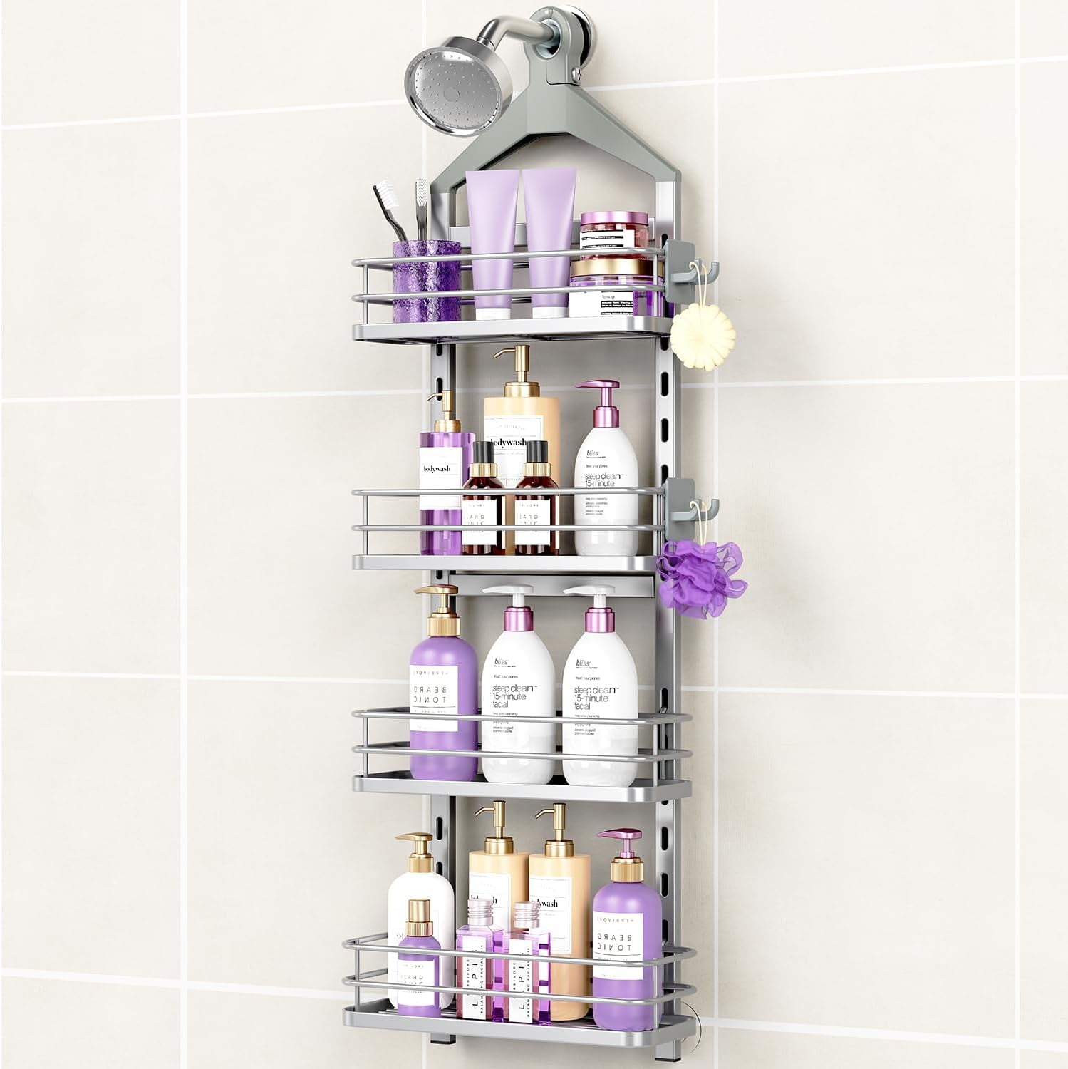 4 Tier Height-Adjustable Shower Caddy Hanging Anti-Swing-Over The ...