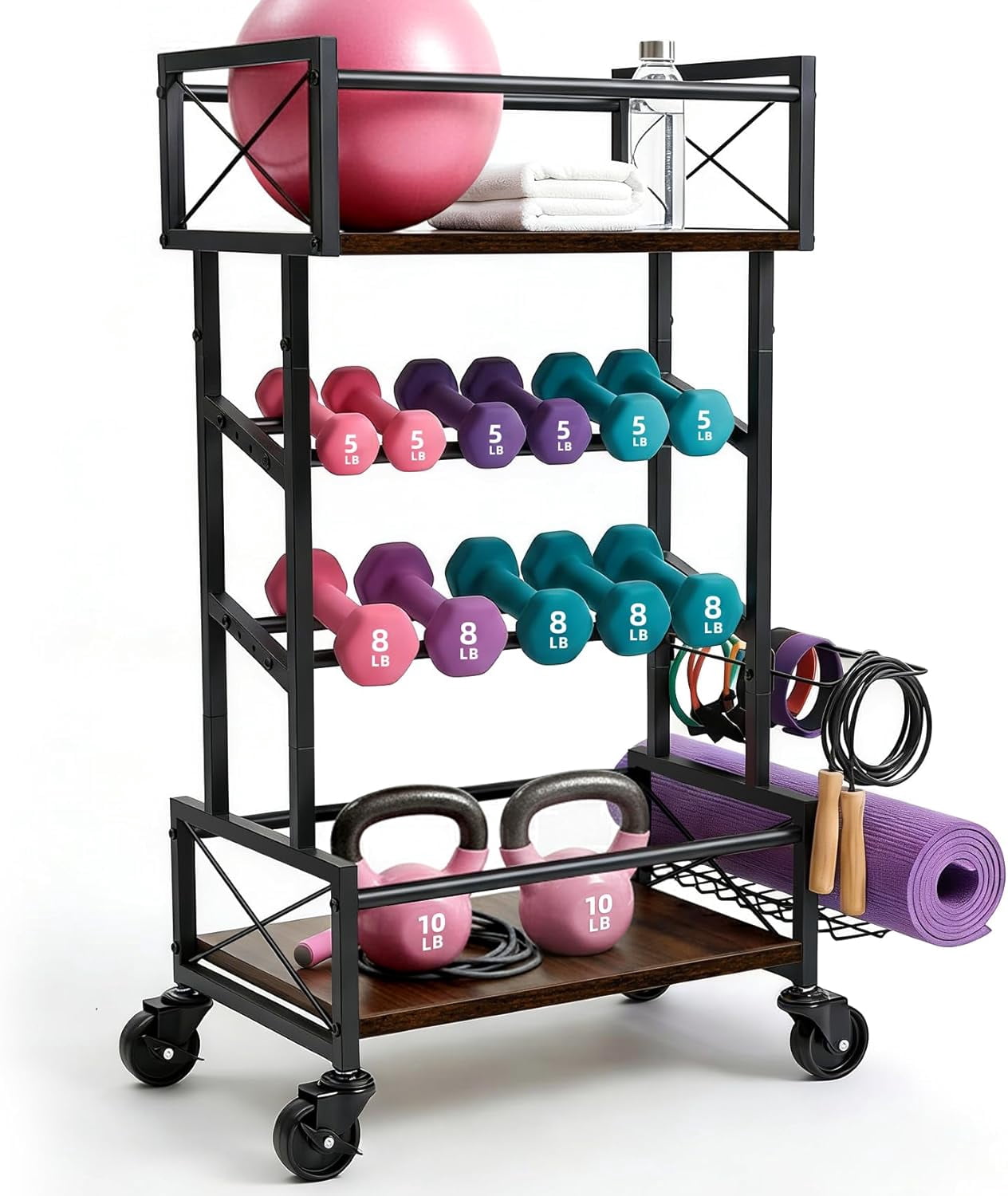 4 Tier Home Gym Storage Rack with Wheels, Yoga Mat Rack Small Dumbbell ...