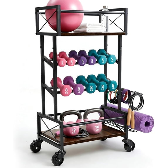 4 Tier Home Gym Storage Rack with Wheels, Yoga Mat Rack Small Dumbbell ...