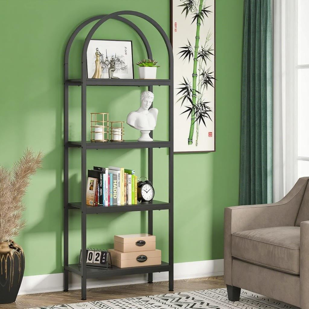 4-Tier Industrial Bookshelf, 71" Tall Bookcase, Metal Frame Wood Storage Shelf for Living Room ...