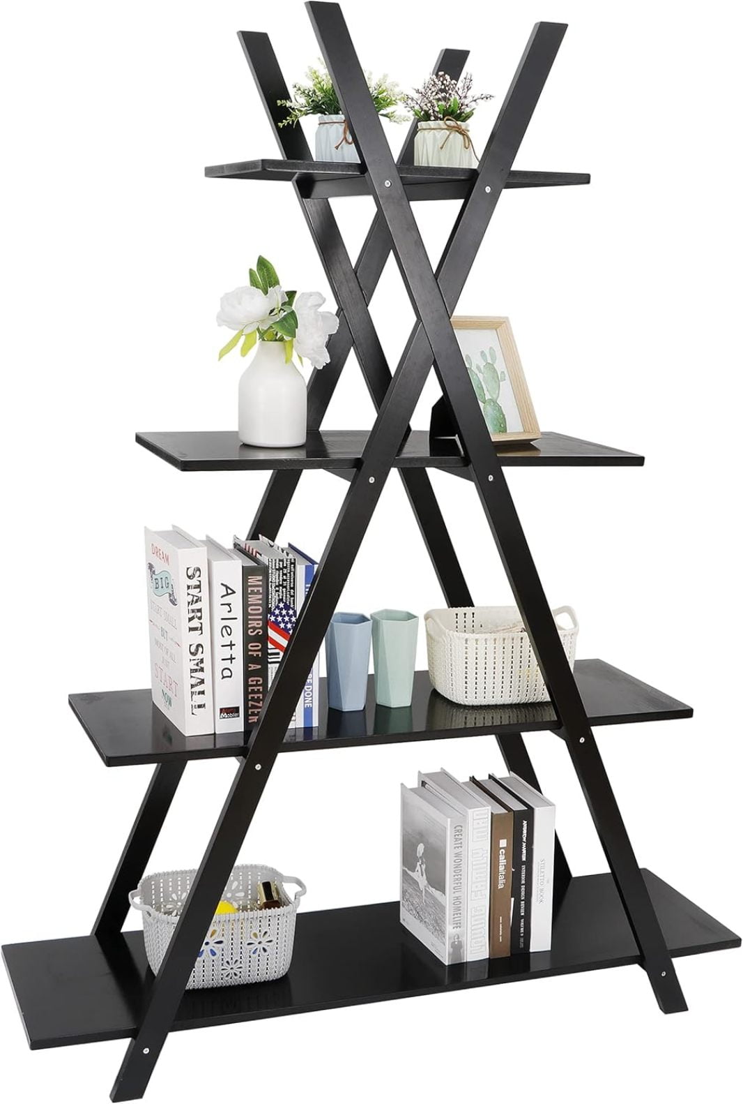 4 -Tier Industrial Bookshelf X- Shaped Bookcase - Freestanding Book ...